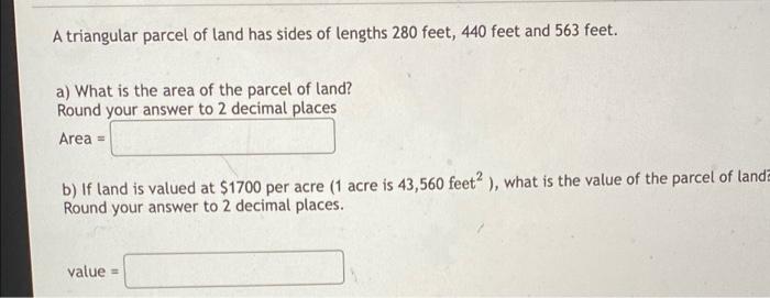 Solved A triangular parcel of land has sides of lengths 280 | Chegg.com
