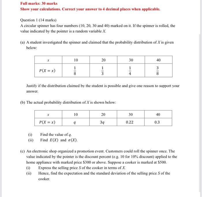 Solved Full marks: 30 marks Show your calculations. Correct | Chegg.com