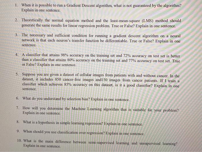 Solved 1. When it is possible to run a Gradient Descent | Chegg.com