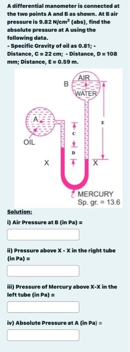 Solved A differential manometer is connected at the two | Chegg.com
