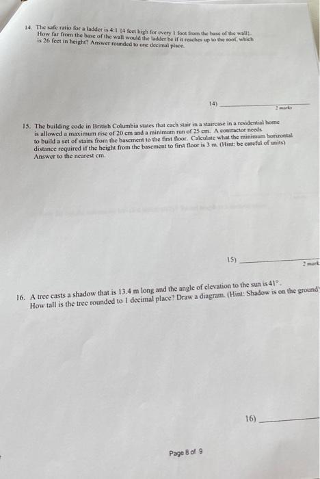 Solved 14. The safe ratio for a ladder is 4:1 if feet high | Chegg.com