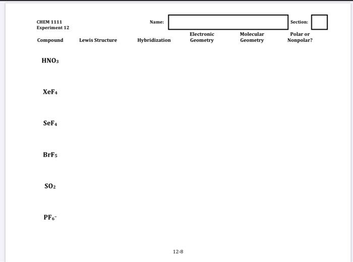 Solved Name: Section: CHEM 1111 Experiment 12 Compound Lewis | Chegg.com