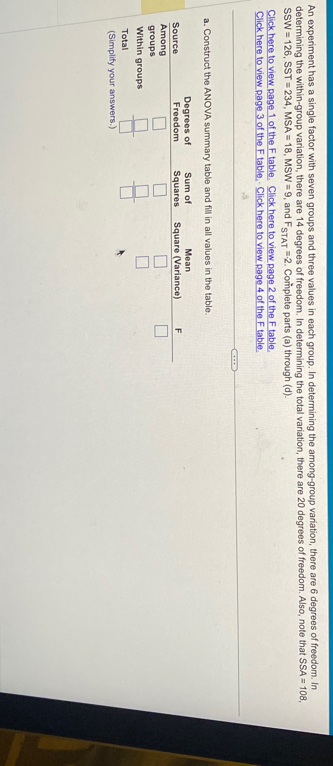 Solved An experiment has a single factor with seven groups | Chegg.com