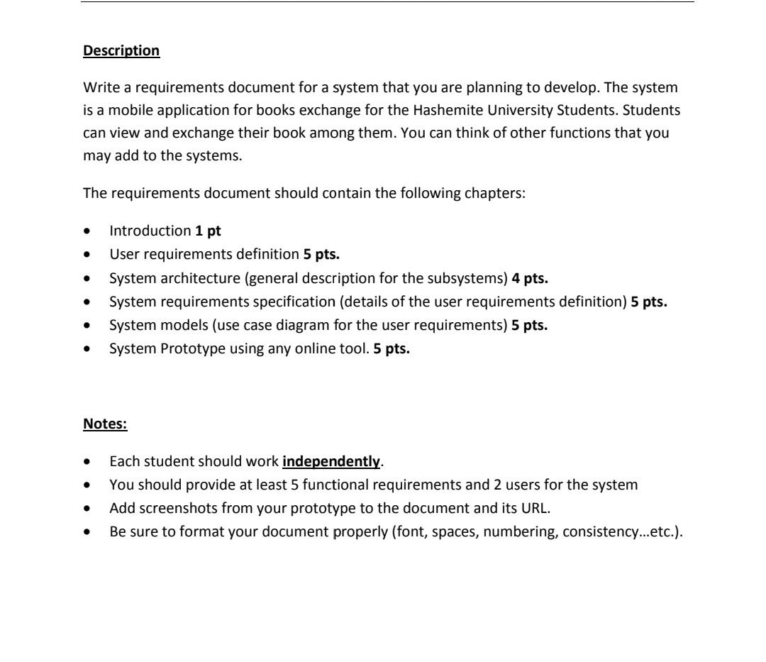 Solved Description Write a requirements document for a | Chegg.com