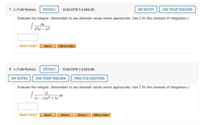 Solved 7. (-/7.69 Points] DETAILS SCALCET8 7.4.509.XP. MY | Chegg.com