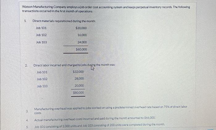 Watson Manufacturing Company employs a job order cost | Chegg.com