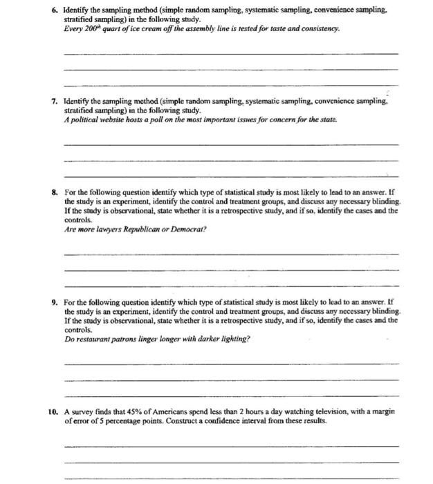 Solved 6. Identify the sampling method (simple random | Chegg.com