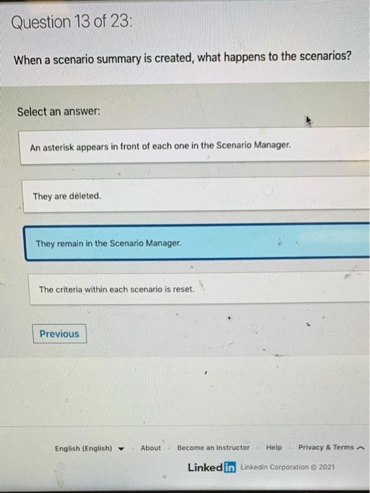 Solved Question 13 of 23: When a scenario summary is | Chegg.com