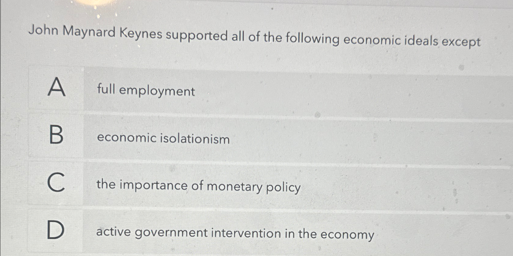 Solved John Maynard Keynes supported all of the following | Chegg.com