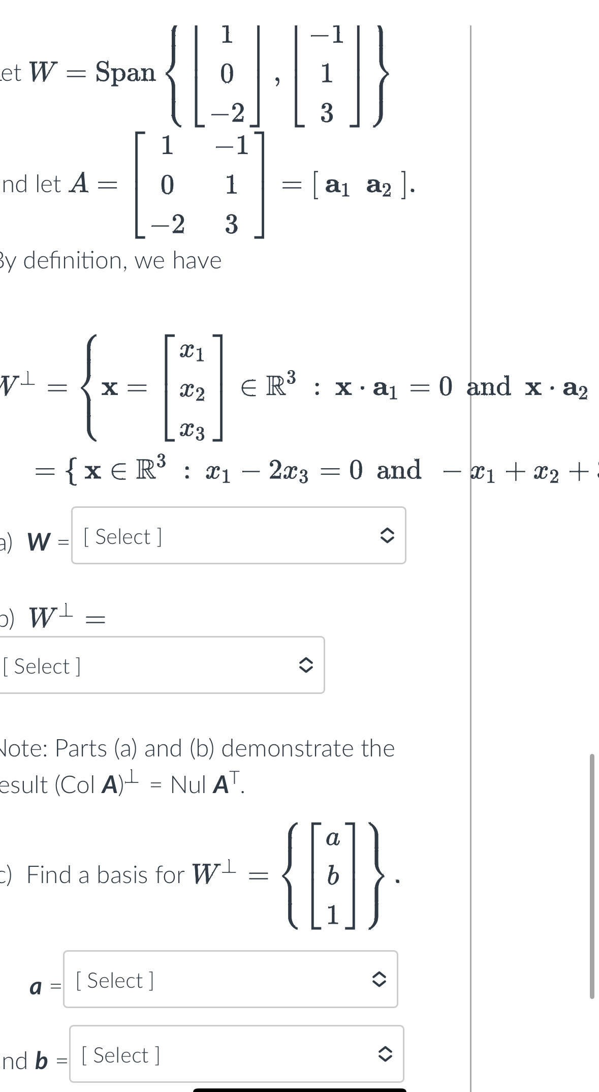 Solved et W=Span{|??[1],[0],[-2]??|,|??[-1],[1],[3]??|} ﻿nd | Chegg.com