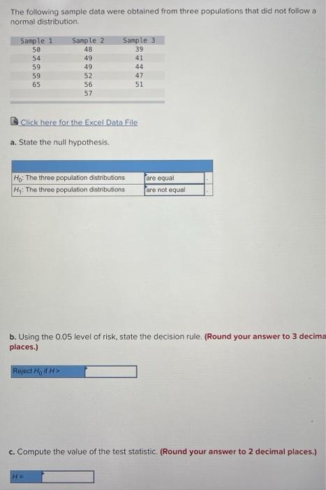 Solved The following sample data were obtained from three | Chegg.com