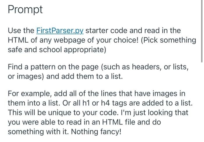 Prompt Use the FirstParser.py starter code and read | Chegg.com