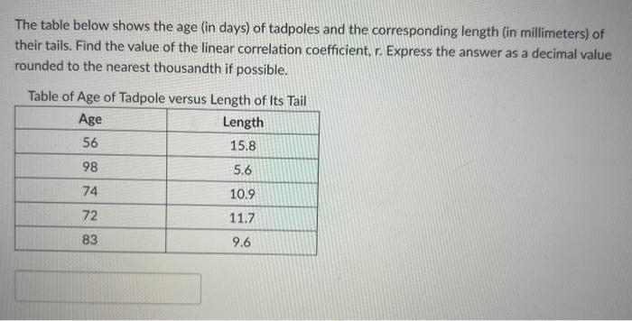 Solved The table below shows the age (in days) of tadpoles | Chegg.com
