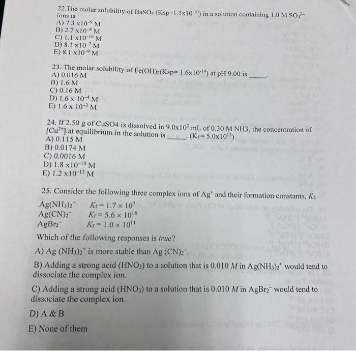 Solved 22. The molar solubility of BaSO4(Ksp=1.1x1019) in a | Chegg.com