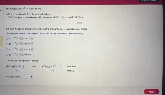 Solved The function f(x)=x3+4 is one-to-one. a. Find an | Chegg.com