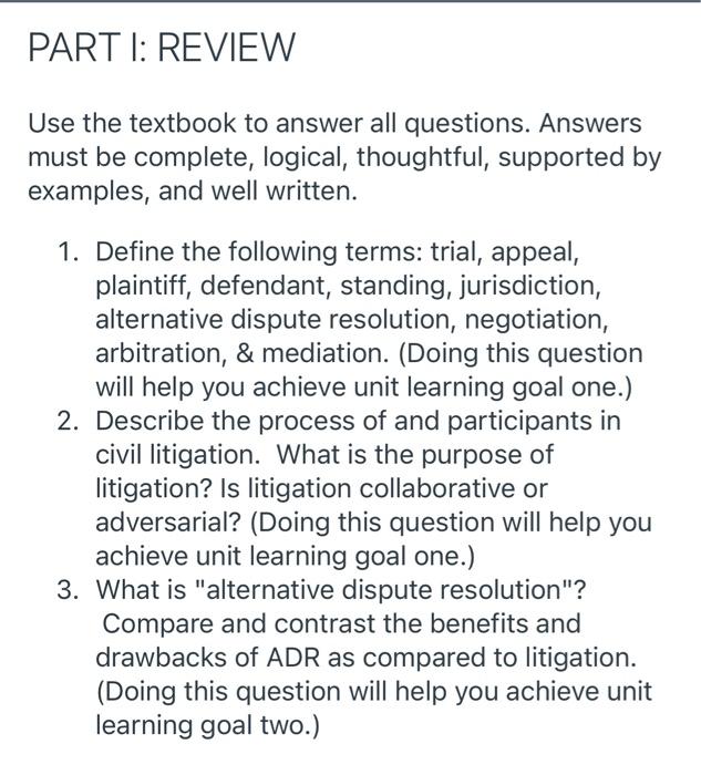 Solved PART I: REVIEW Use the textbook to answer all | Chegg.com