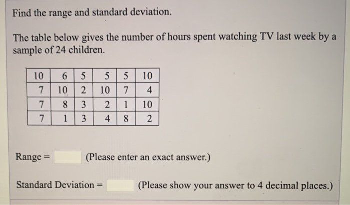 Solved Find the range and standard deviation. The table | Chegg.com
