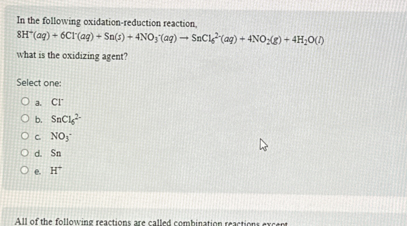 Solved In the following oxidation-reduction | Chegg.com