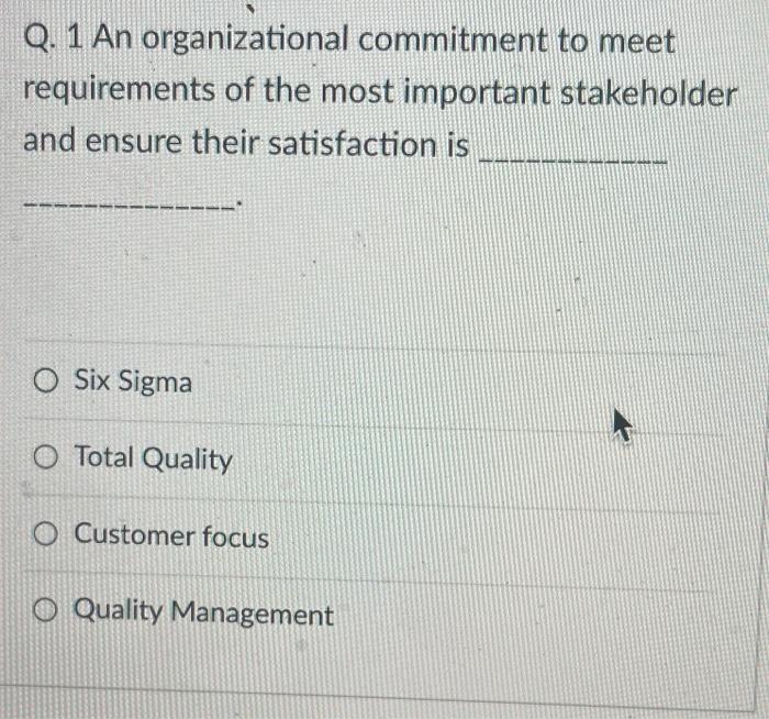 Solved Q. 1 An organizational commitment to meet | Chegg.com