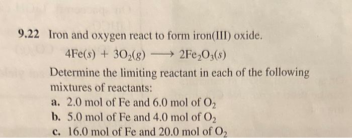 Solved 9.22 Iron and oxygen react to form iron(III) oxide. | Chegg.com