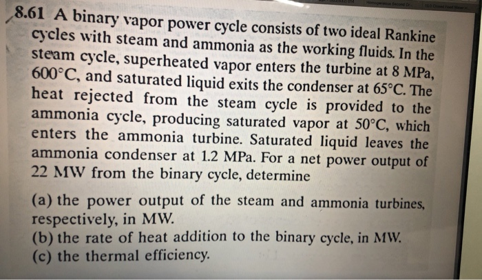 Solved 8.61 A binary vapor power cycle consists of two ideal | Chegg.com