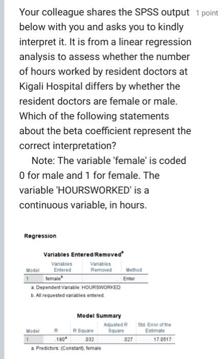 Solved Your colleague shares the SPSS output 1 poin below | Chegg.com