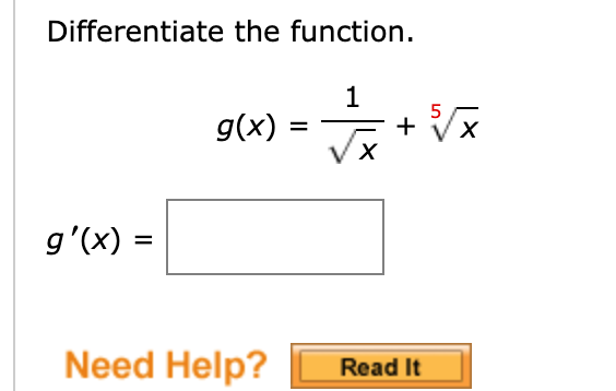 Solved Differentiate the function.g(x)=1x2+x5g'(x)= | Chegg.com