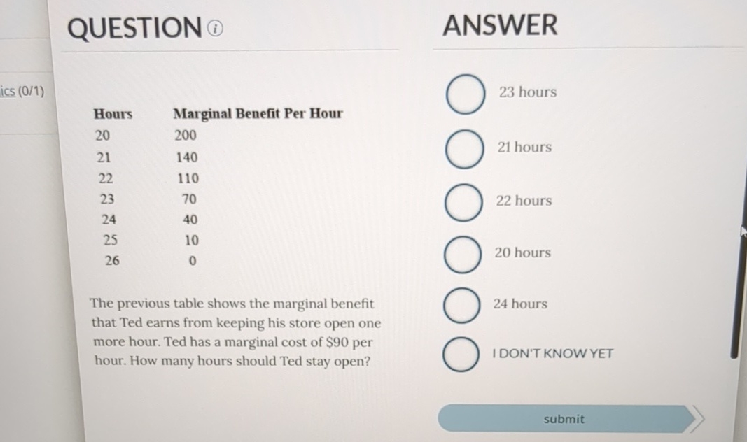 Solved QUESTIONANSWERics (0/1)\table[[Hours,Marginal Benefit | Chegg.com
