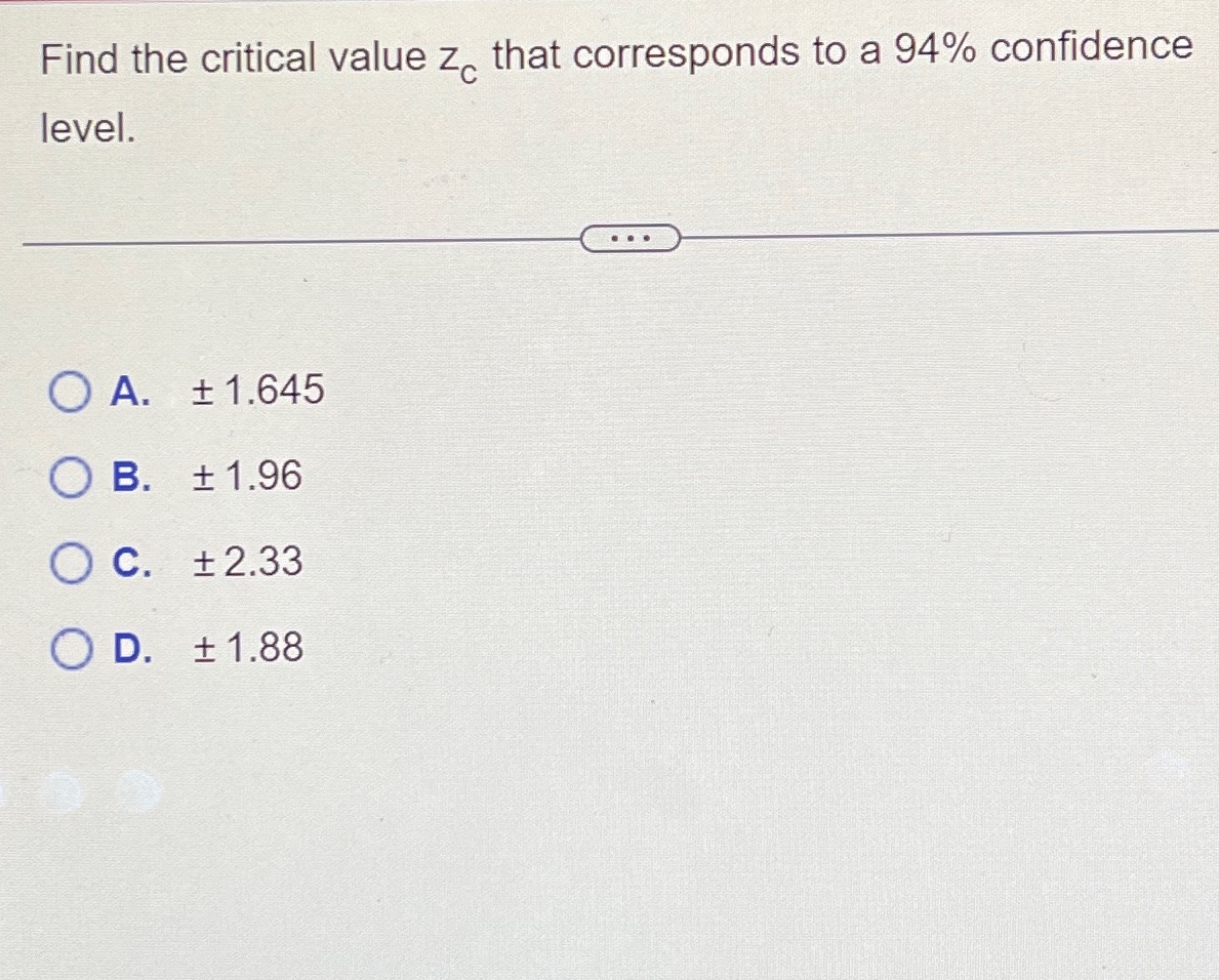 Solved Find the critical value zc ﻿that corresponds to a 94% | Chegg.com