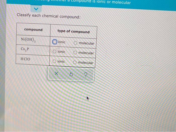 Solved und is ionic or molecular Classify each chemical | Chegg.com