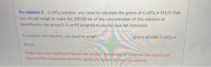 Solved For solution 1. CUSO4 solution, you need to calculate | Chegg.com