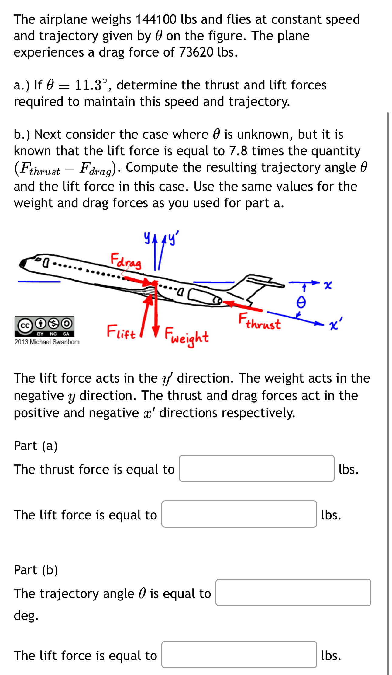 Solved The airplane weighs 144100 ﻿lbs and flies at constant | Chegg.com