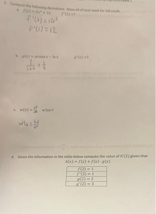 Solved Compute the following derivatives. Show all of your | Chegg.com