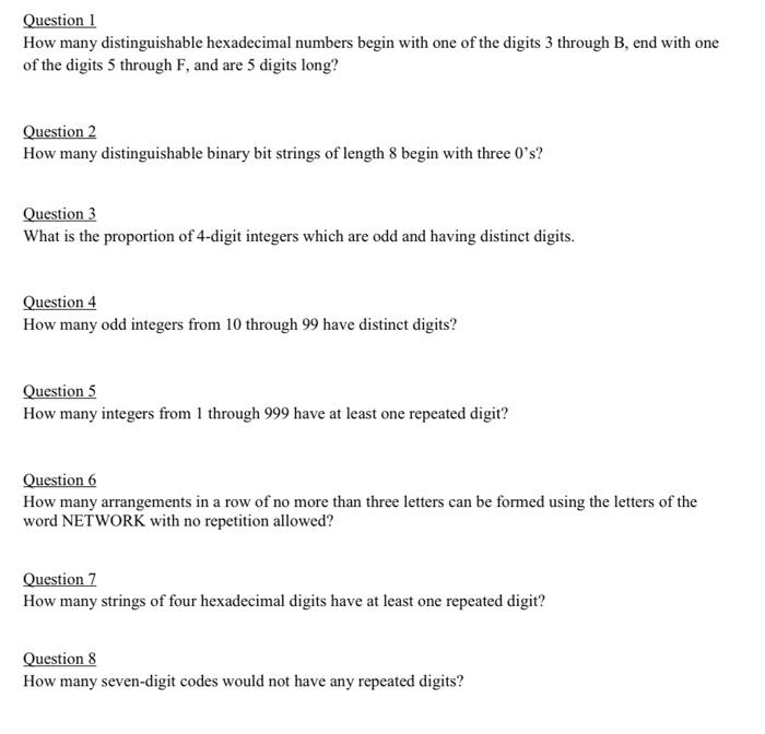 Solved Question 1 How many distinguishable hexadecimal | Chegg.com
