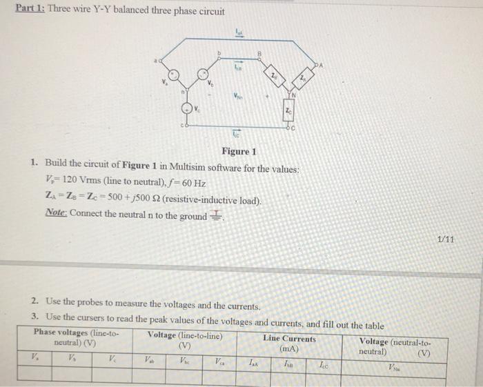 Solved Part 1: Three wire Y−Y balanced three phase circuit | Chegg.com