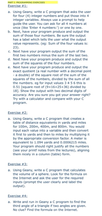 Solved Part 1 Programming Exercises Exercise 1 Using Geany Write C Program Asks User Four 4