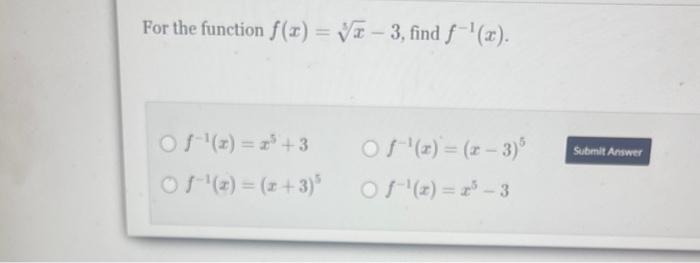 Solved For the function f(x)=5x−3, find f−1(x). | Chegg.com