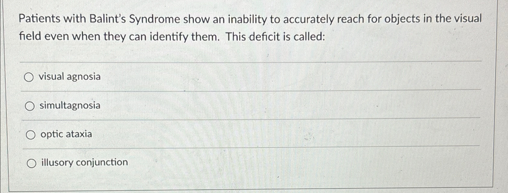 Solved Patients with Balint's Syndrome show an inability to | Chegg.com