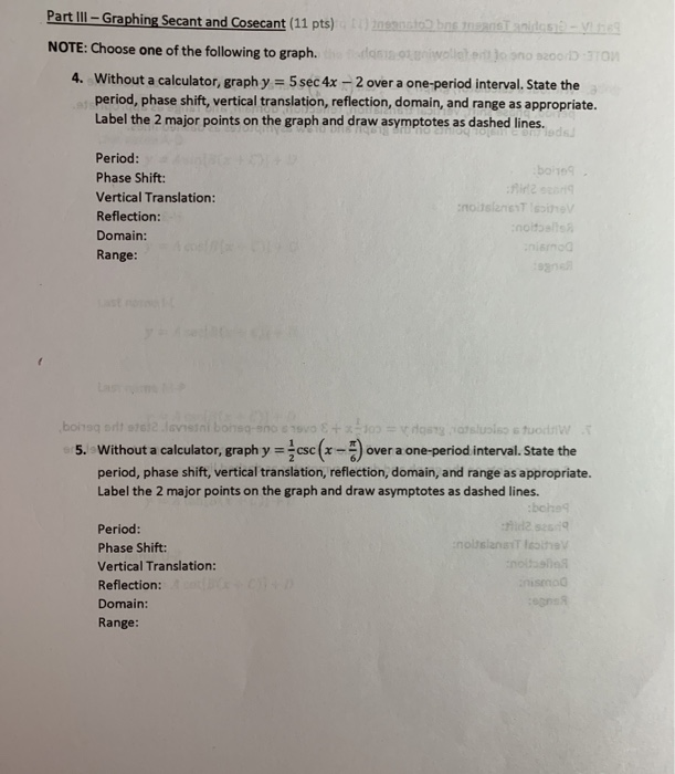 Solved Part Iii Graphing Secant And Cosecant 11 Pts 11