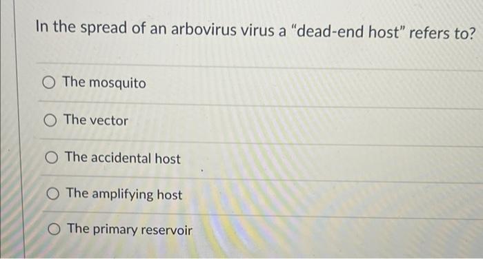 Solved In the spread of an arbovirus virus a "dead-end host" | Chegg.com