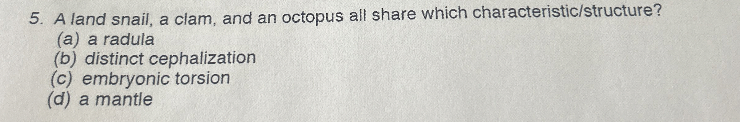 Solved A land snail, a clam, and an octopus all share which | Chegg.com