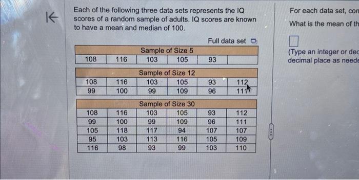 Solved Each of the following three data sets represents the | Chegg.com