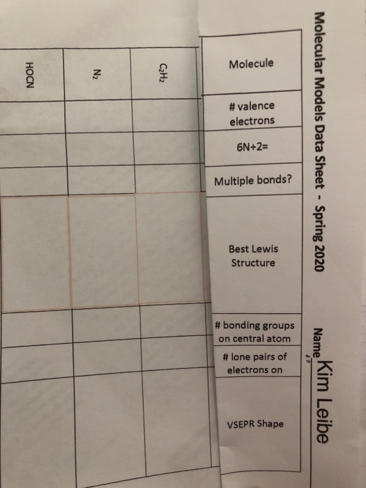 Solved Molecule HOCN N2 C2H2 #valence electrons 6N+2= | Chegg.com