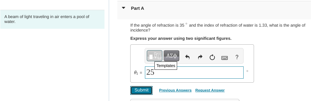 Solved Part AA beam of light traveling in air enters a pool | Chegg.com