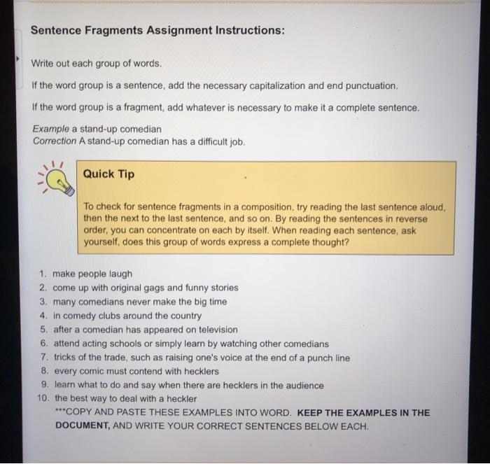 Solved Sentence Fragments Assignment Instructions Write Out 4064
