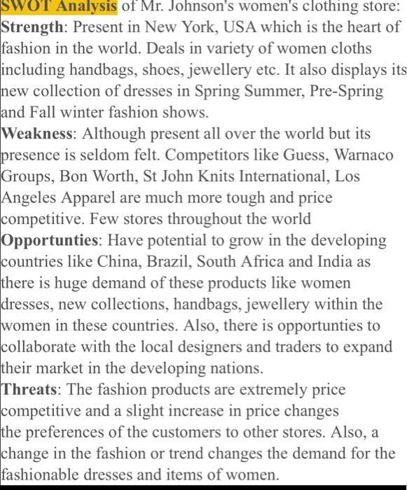 Solved Topic: Mr. Johnson's Women's Clothing Store SWOT | Chegg.com