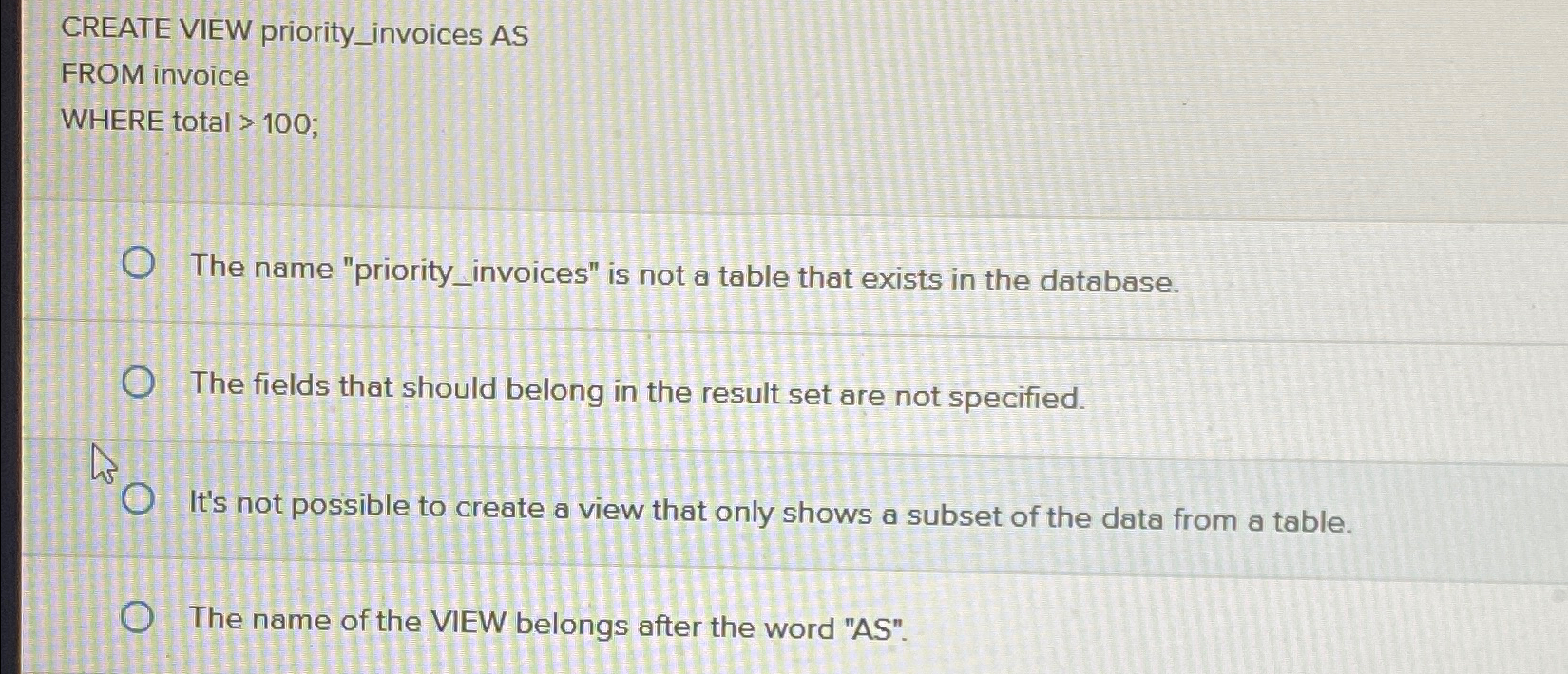 Solved CREATE VIEW priority_invoices ASFROM invoiceWHERE | Chegg.com