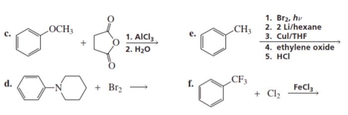 Solved c. 2. H2O 1. AlCl3 e. 1. Br2,hv 2. 2 Li/hexane 3. | Chegg.com