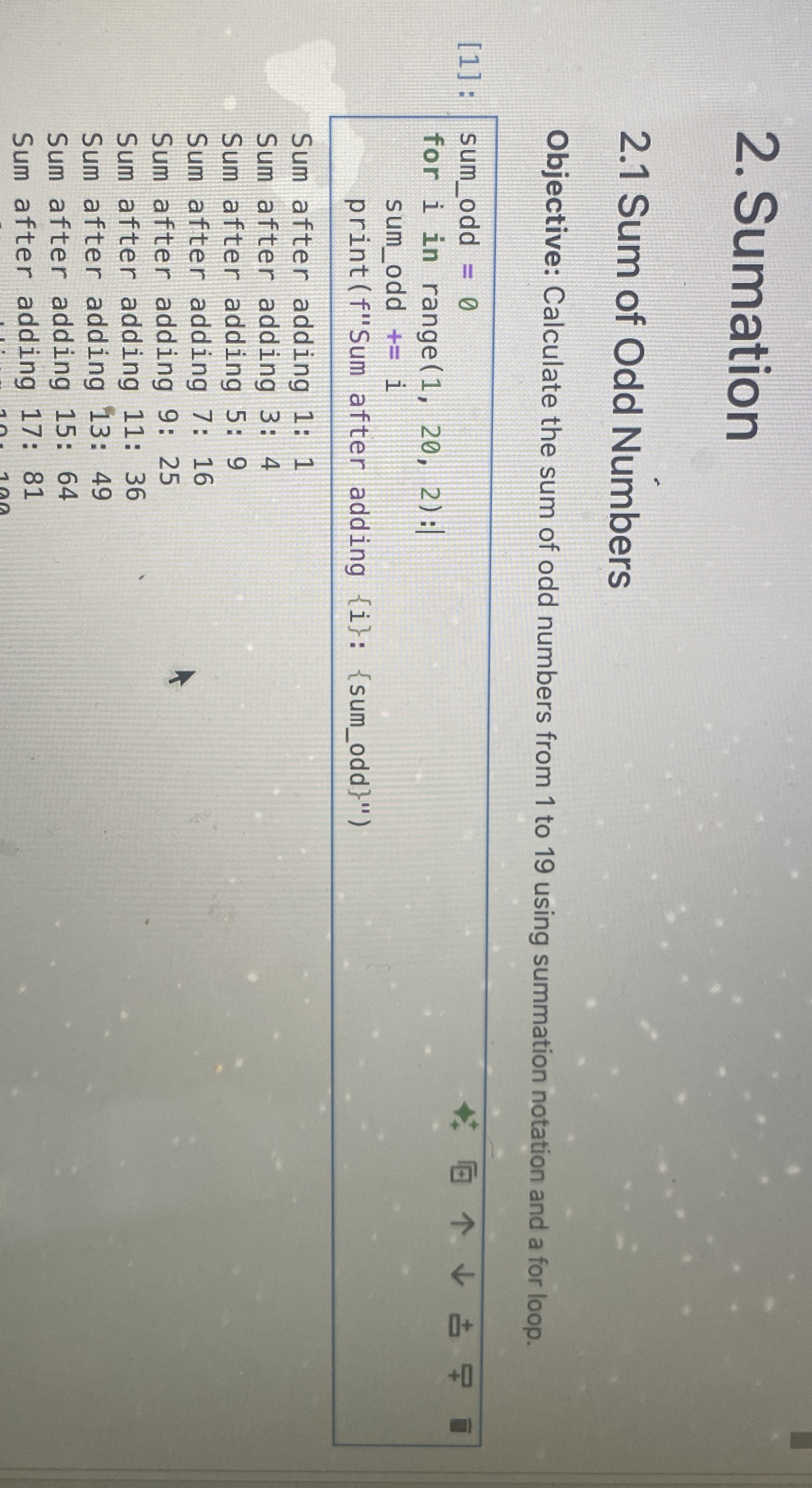 Solved Sumation2.1 Sum of Odd NumbersObjective: Calculate | Chegg.com Solved Sumation2.1 Sum of Odd NumbersObjective: Calculate | Chegg.com