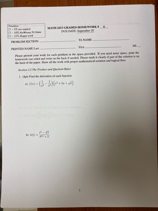 Solved 6 MATH 2413 GRADED HOMEWORK # DUE DATE: September 28 | Chegg.com